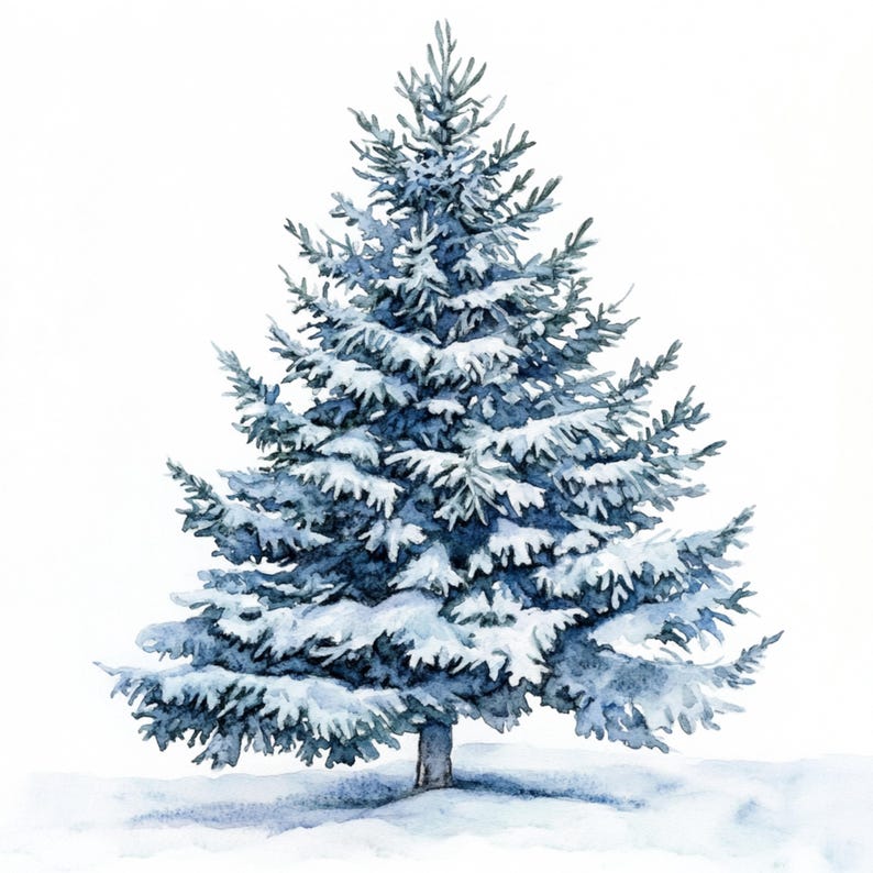 10 Printable Christmas Tree, Watercolor Snowy Tree, Winter Clipart ...