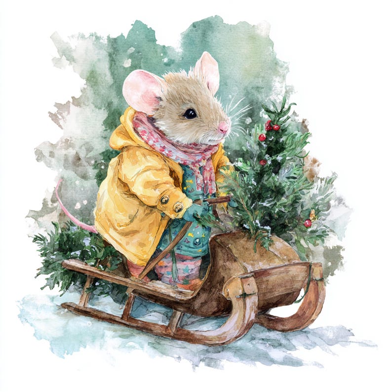 10 Printable Mouse on Sled, Christmas Mouse Art, Watercolor Art, Cute ...