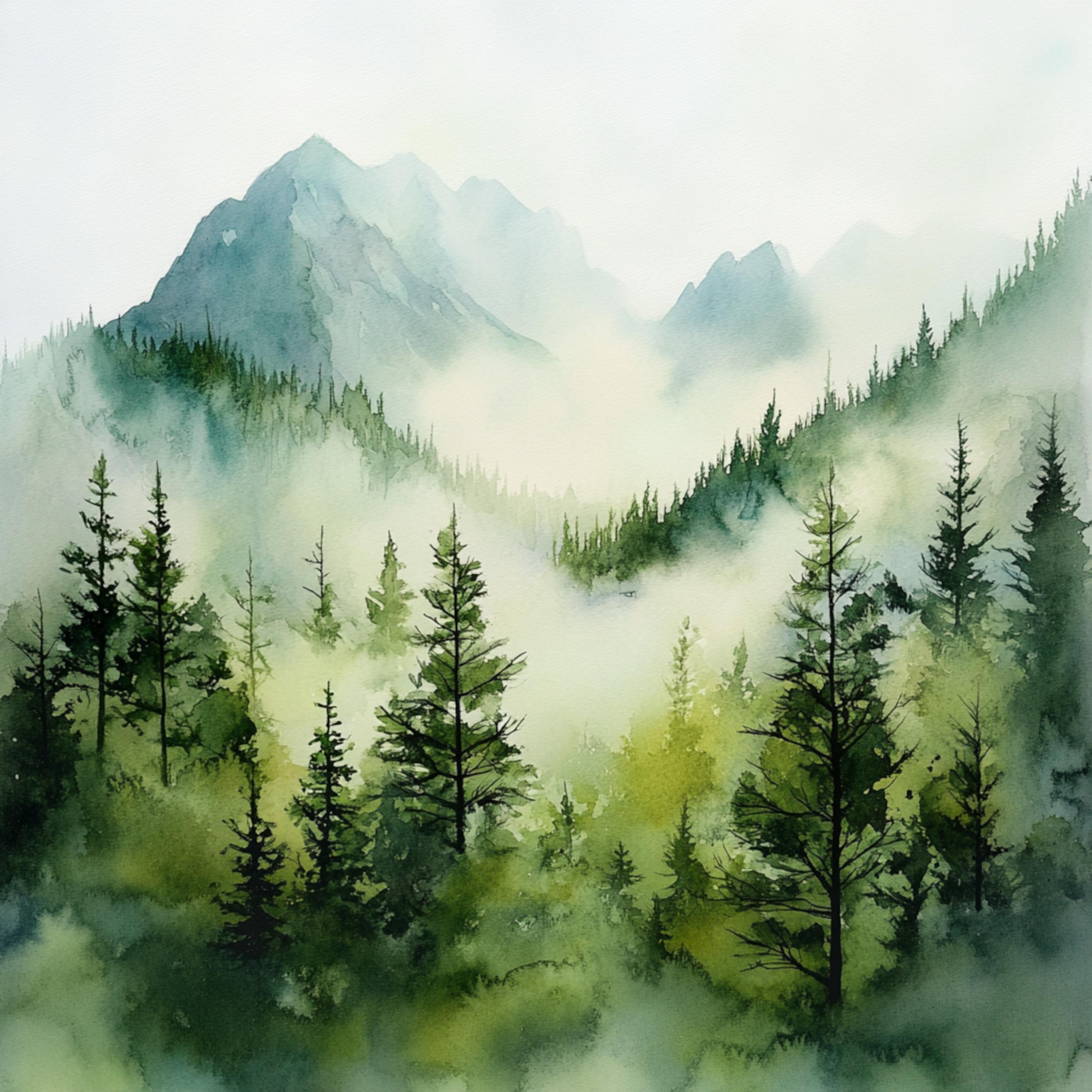 10 Printable Foggy Landscaple, Foggy Mountaine Art, Watercolor Forest ...