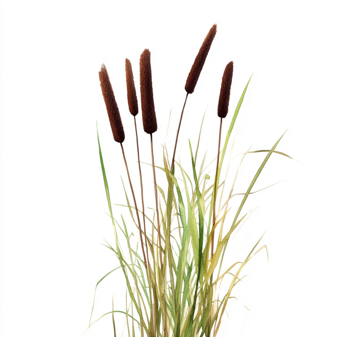 10 Printable Cattail, Green Leaves Art, Watercolor Cattail, Lakes Plant ...