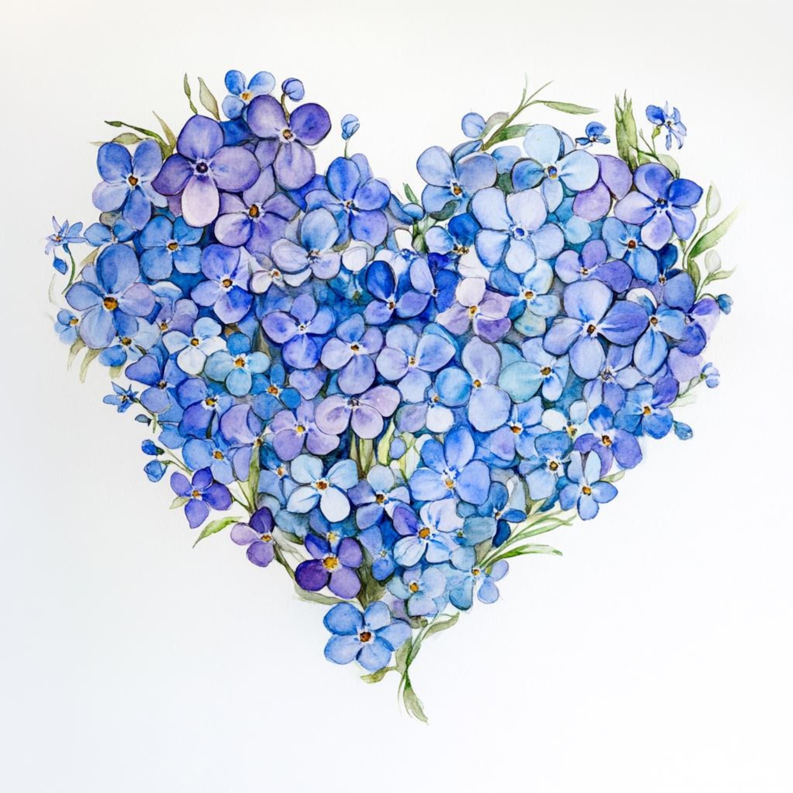10 Printable Blue Flowers Heart, Forget-me-not Hearts Art, Watercolor ...