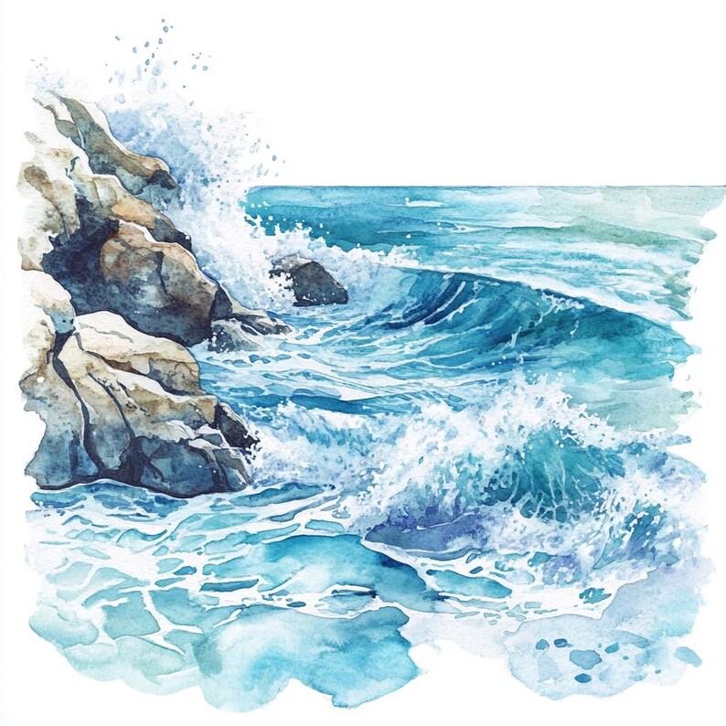 10 Printable Seascape, Ocean Landscape, Blue Ocean Scenery, Watercolor ...