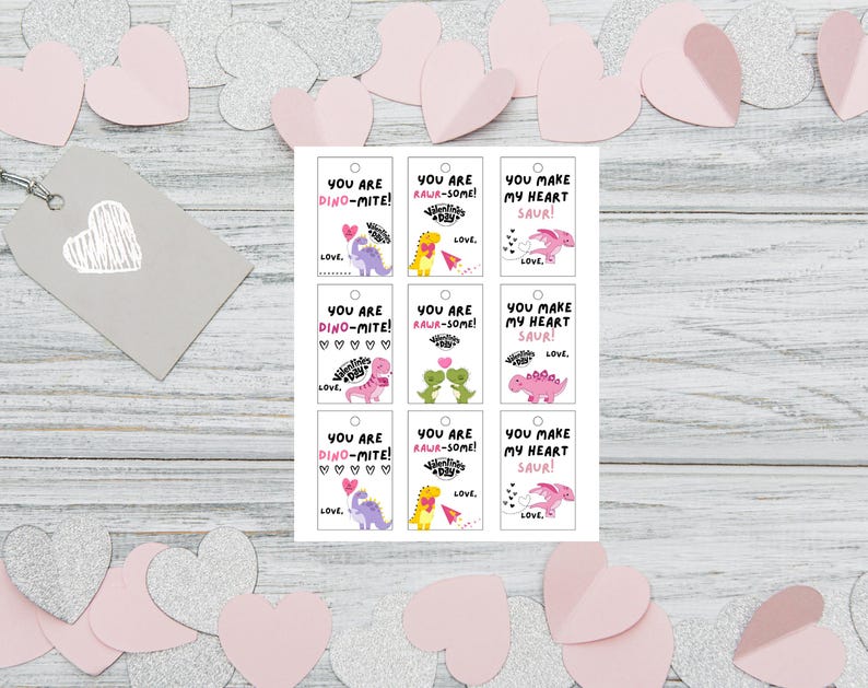 Dinosaur Valentine Gift Tags, Printable Dino-themed Valentine's Day ...