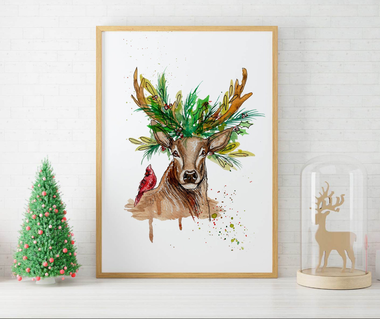 Watercolor Christmas Deer Art Print - Etsy