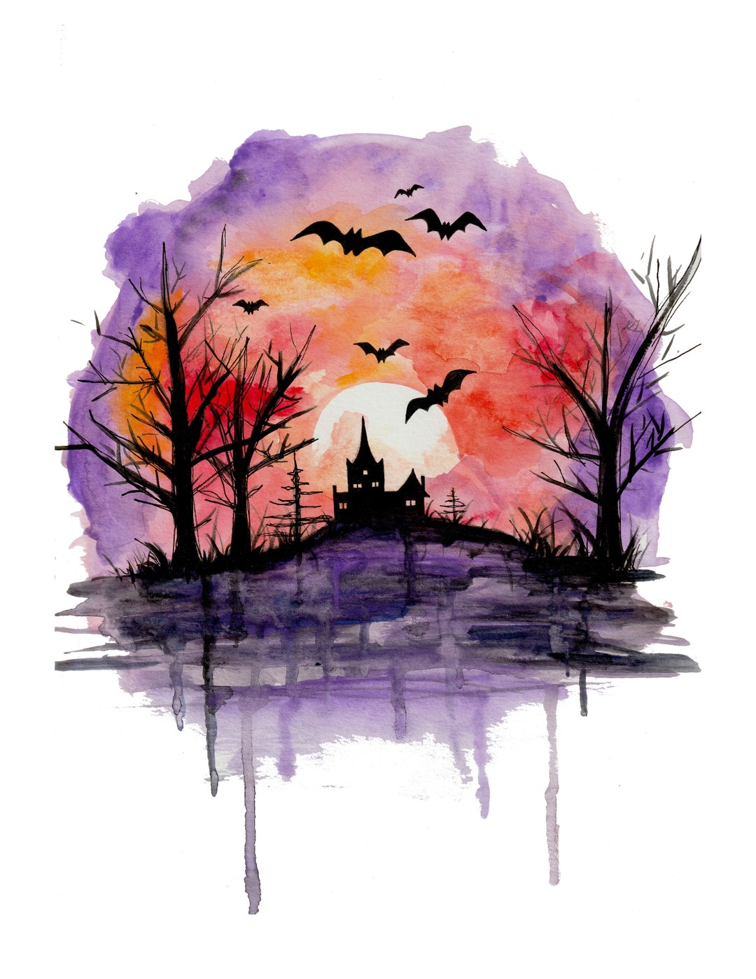 Watercolor Haunted House Art Print - Etsy