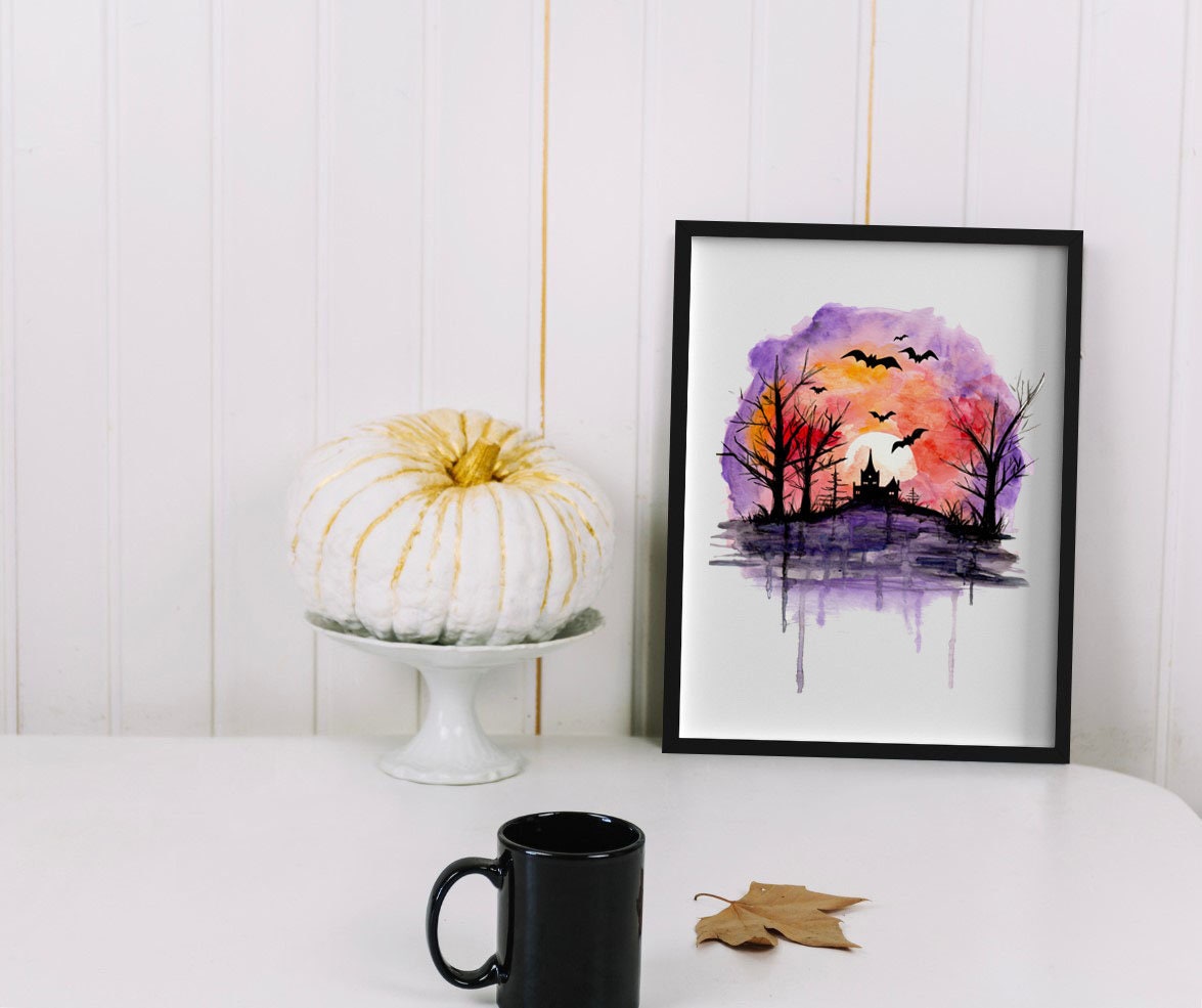 Watercolor Haunted House Art Print - Etsy