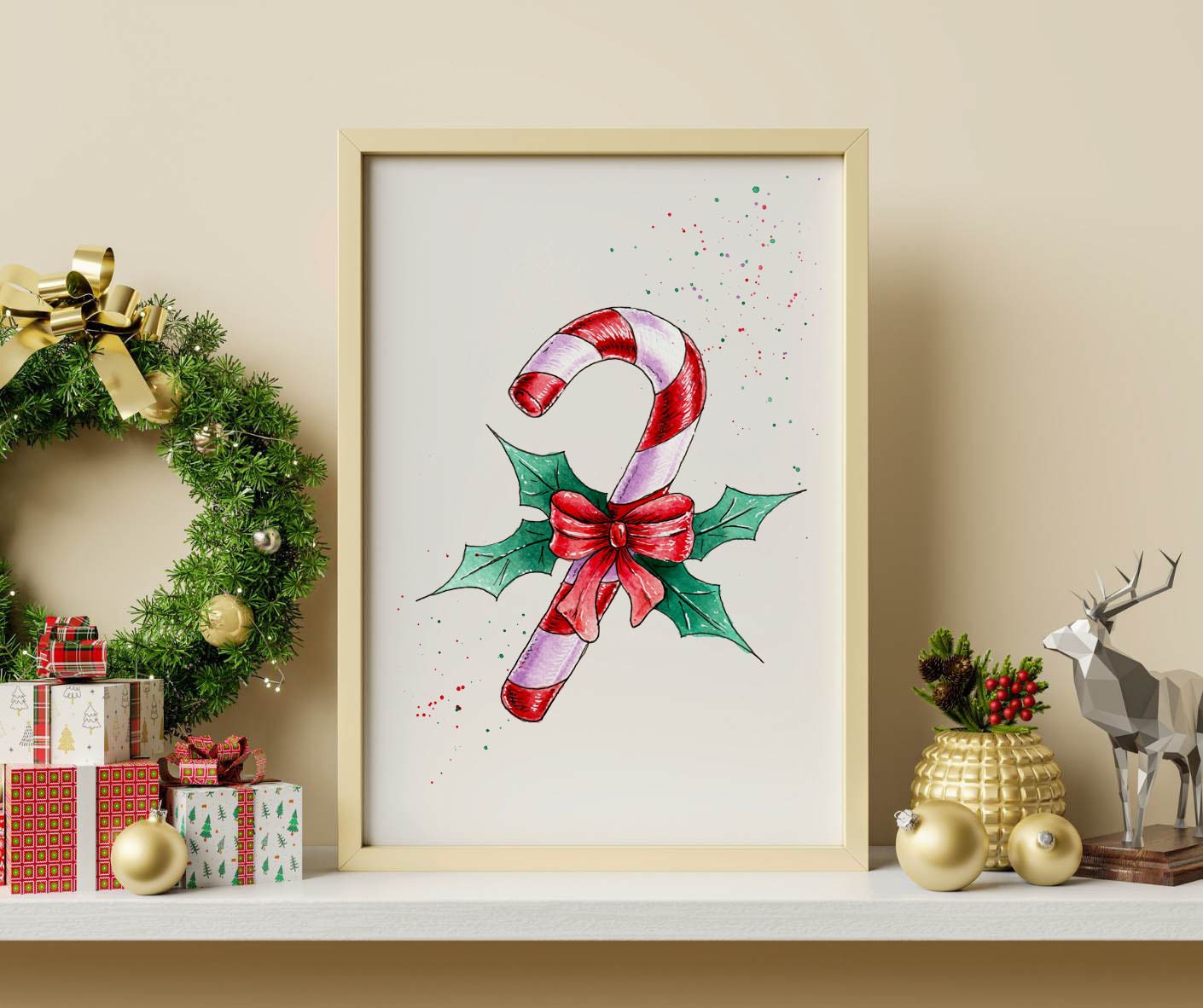 Watercolor Candy Cane Art Print - Etsy