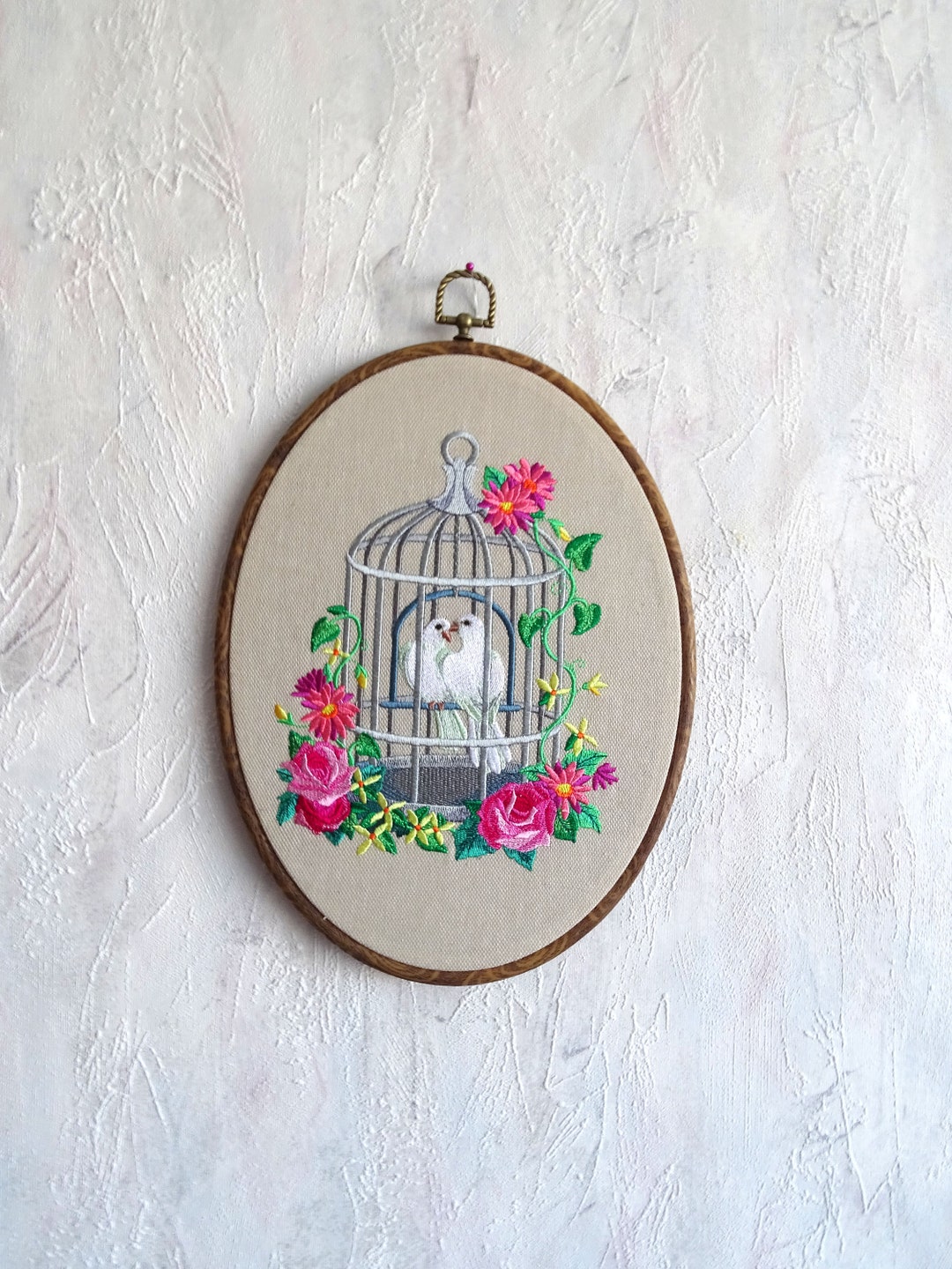 Embroidery Hoop Art "white Doves in Cages and Roses". Housewarming Gift ...