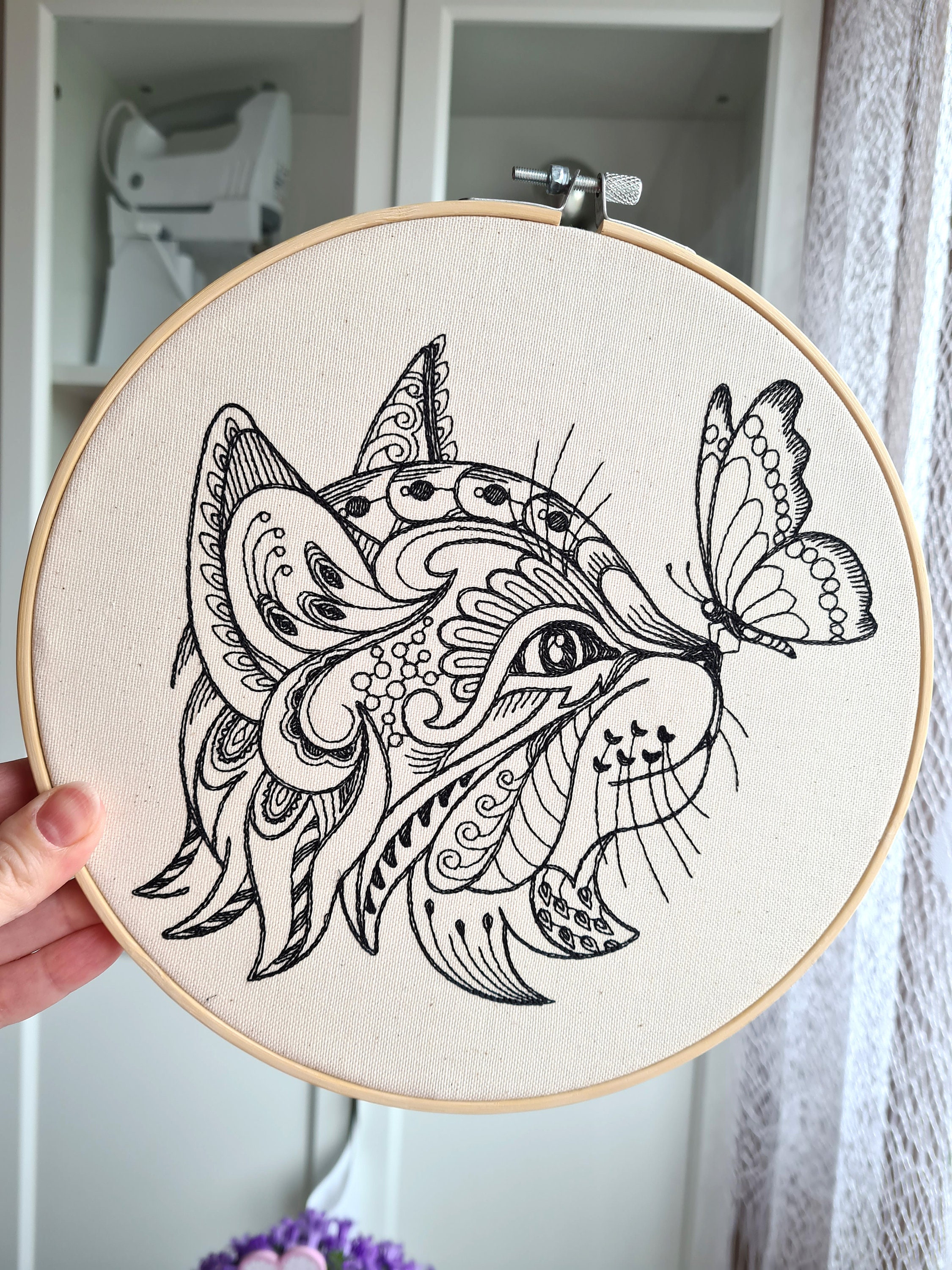 Embroidery Hoop Art "cat and Butterfly". Housewarming Gift. Home Decor ...