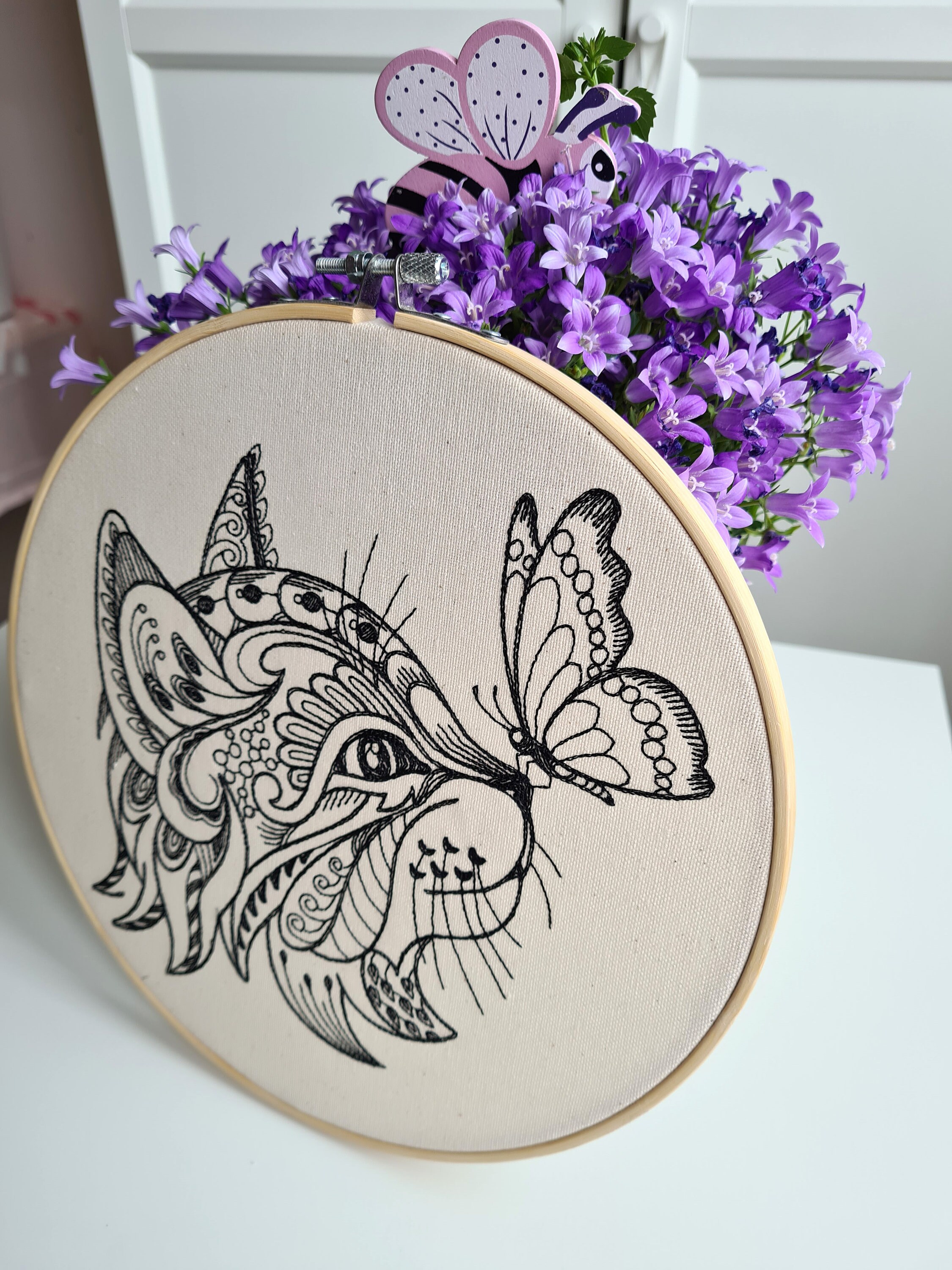 Embroidery Hoop Art "cat and Butterfly". Housewarming Gift. Home Decor ...