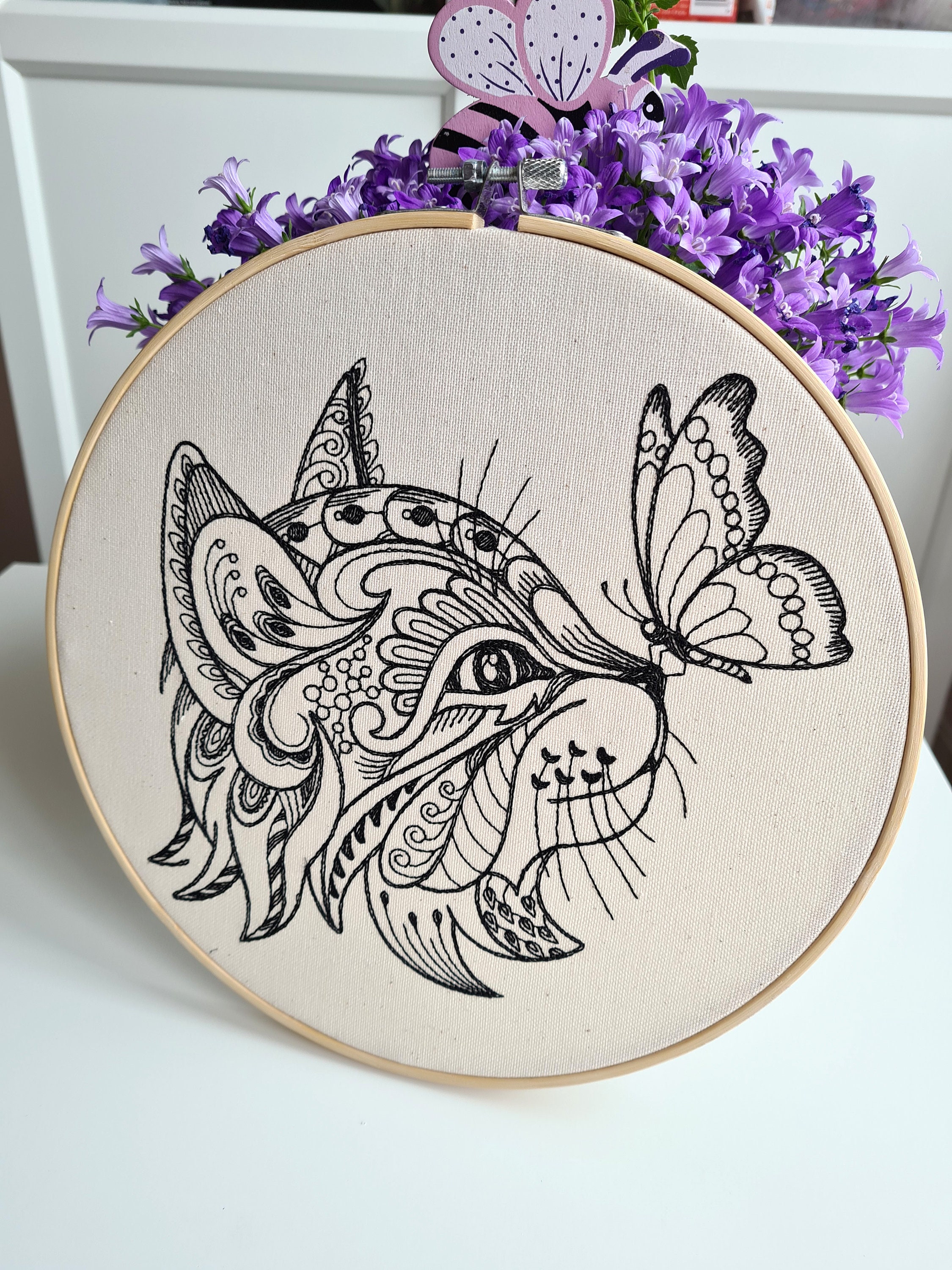 Embroidery Hoop Art "cat and Butterfly". Housewarming Gift. Home Decor ...