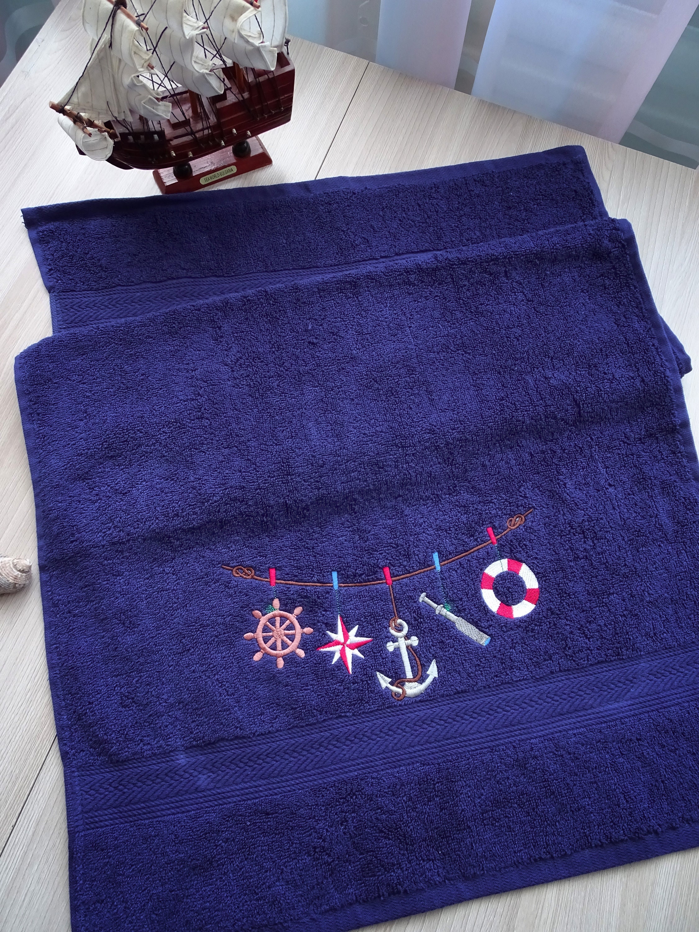 Blue Terry Towel With Machine Embroidery Marine Design. Gift for a ...
