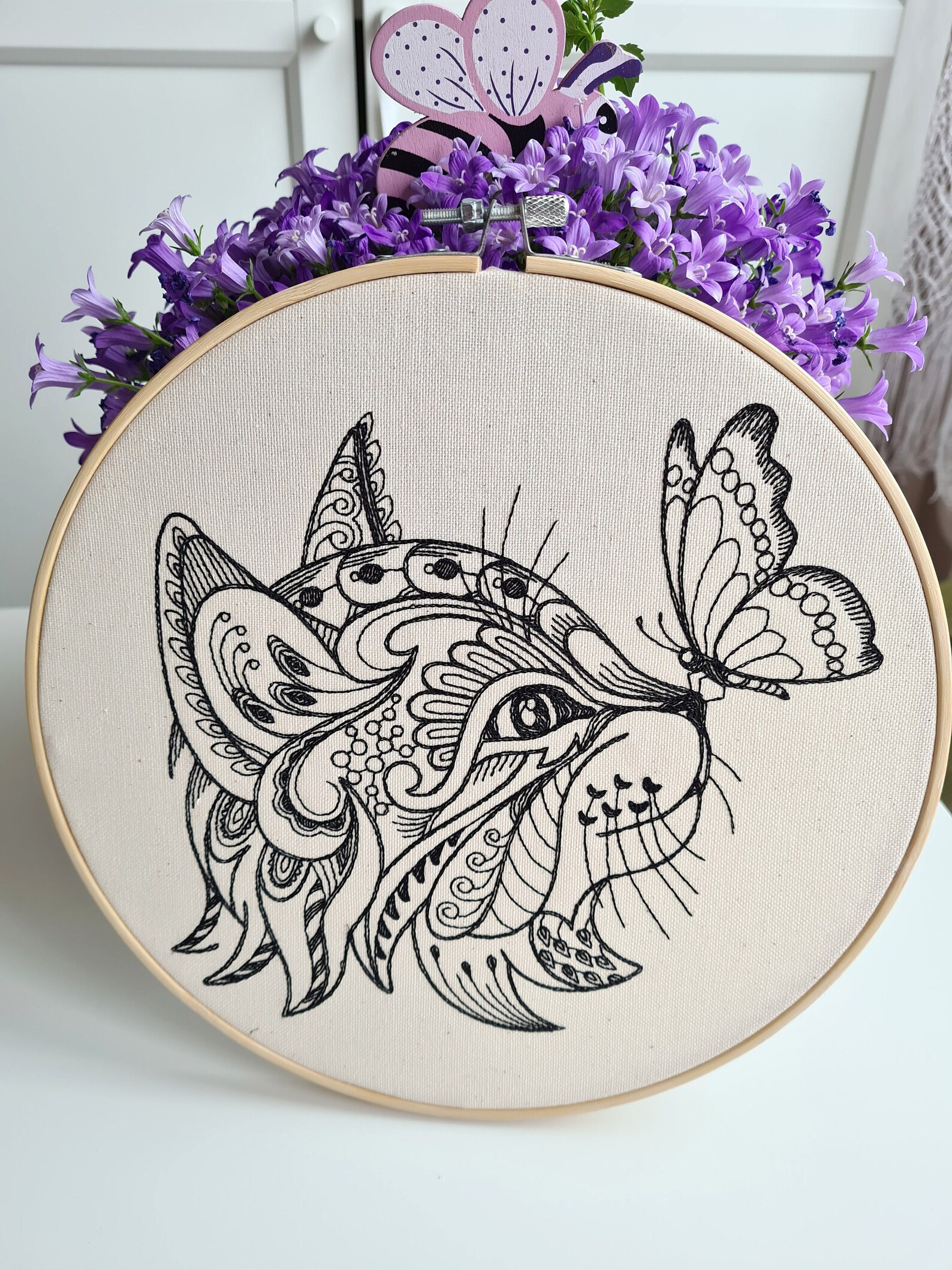 Embroidery Hoop Art "cat and Butterfly". Housewarming Gift. Home Decor ...