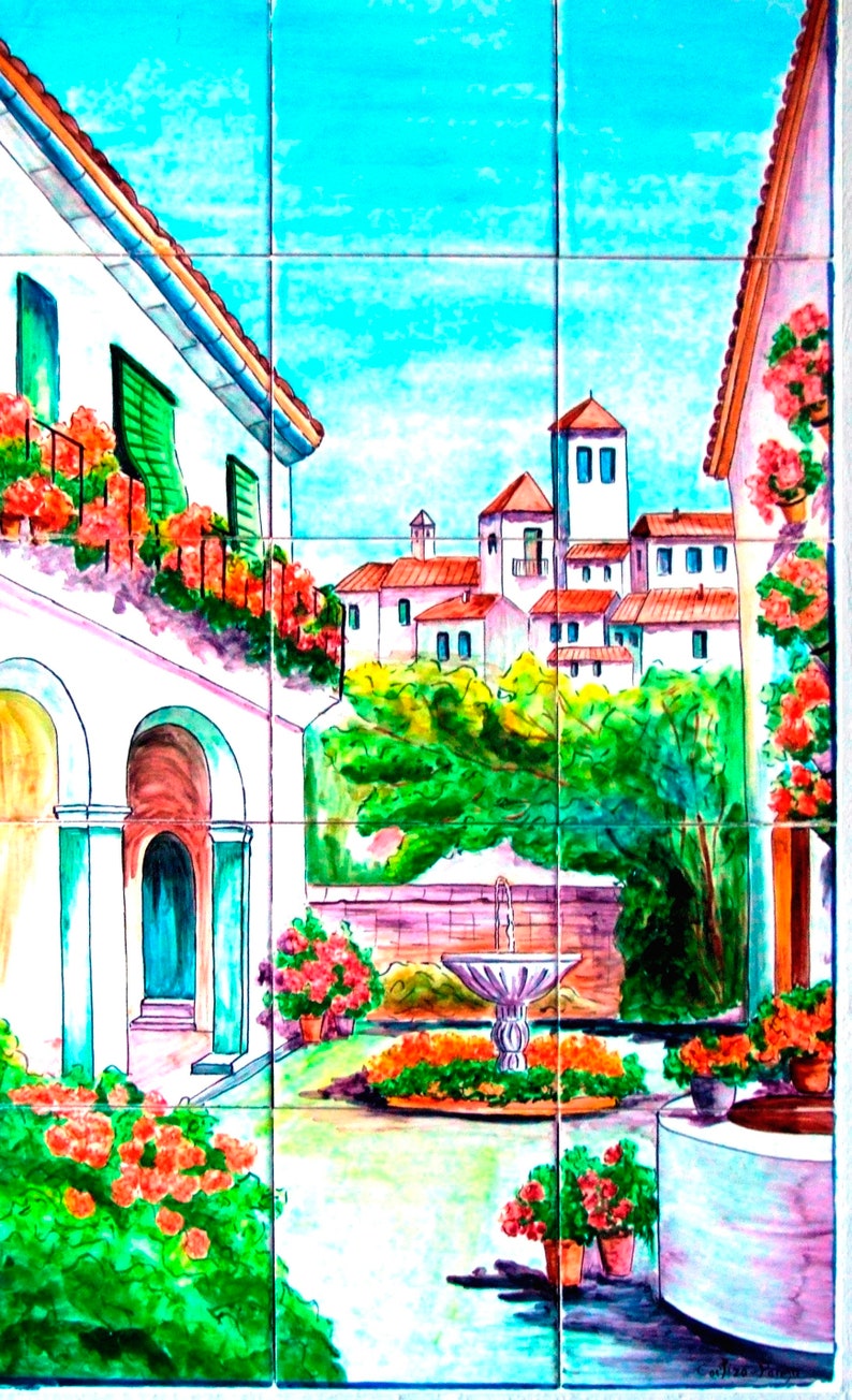 Tile Mural. Lanscape Whit Boats, Sea, Beach, Flowers, Village. Hand ...