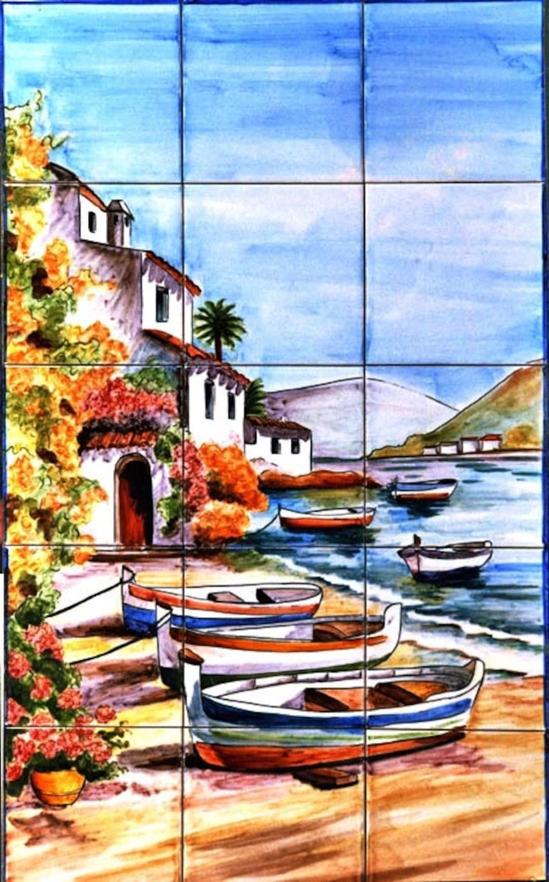 Tile Mural. Lanscape Whit Boats, Sea, Beach, Flowers, Village. Hand ...