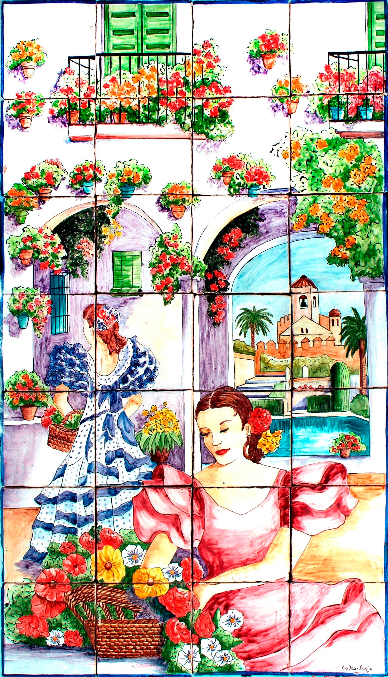 Tile Mural. Lanscape Whit Boats, Sea, Beach, Flowers, Village. Hand ...