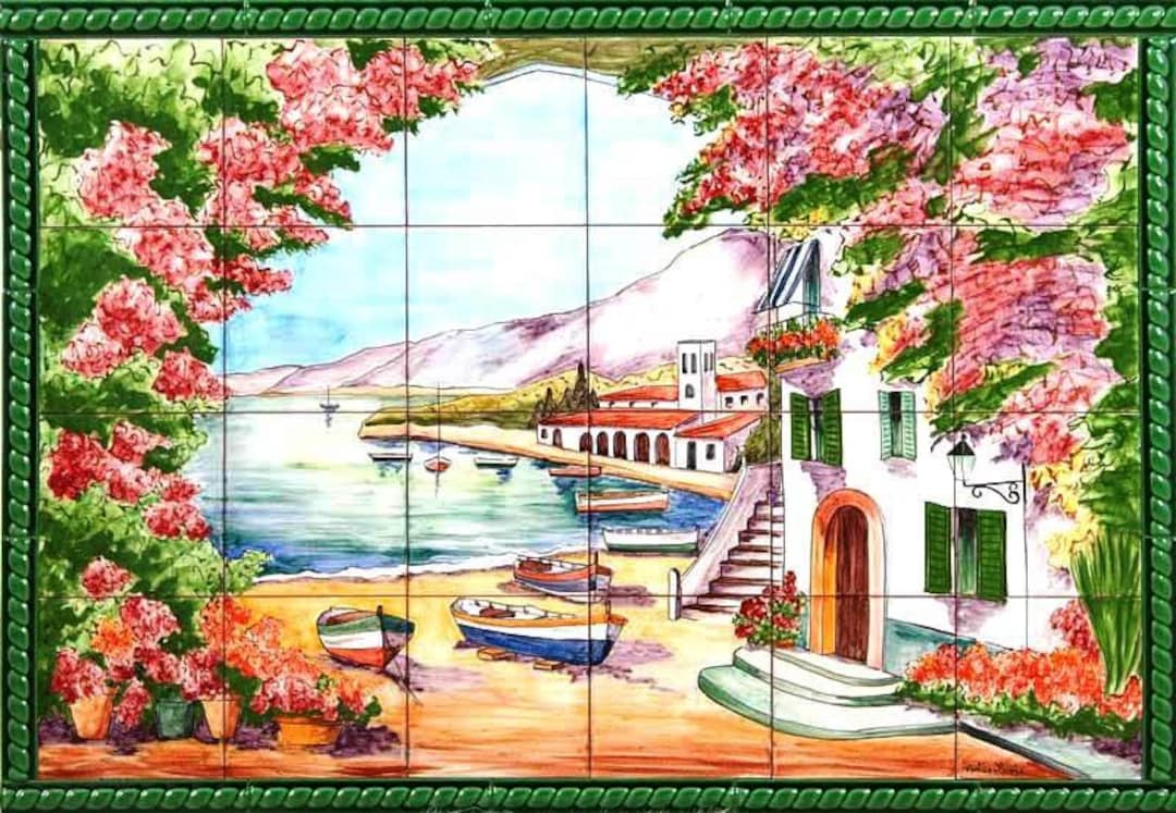 Tile Mural. Landscape, Whit Boat, Beach, Village. Handmade. Hand ...