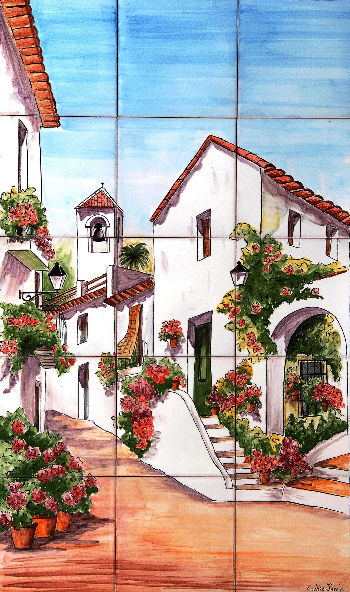 Tile Mural. Lanscape Whit Boats, Sea, Beach, Flowers, Village. Hand ...