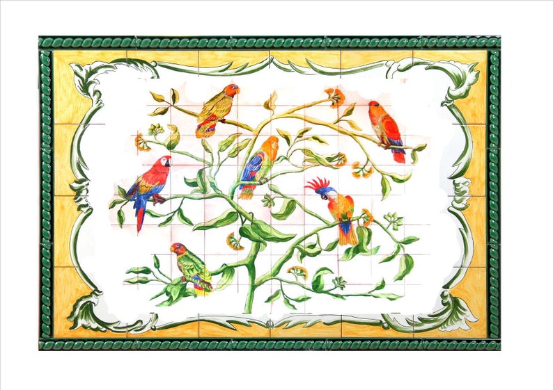 Tile Mural, Hand Painted, Handmade. Landscape, Still Life, Parrots ...