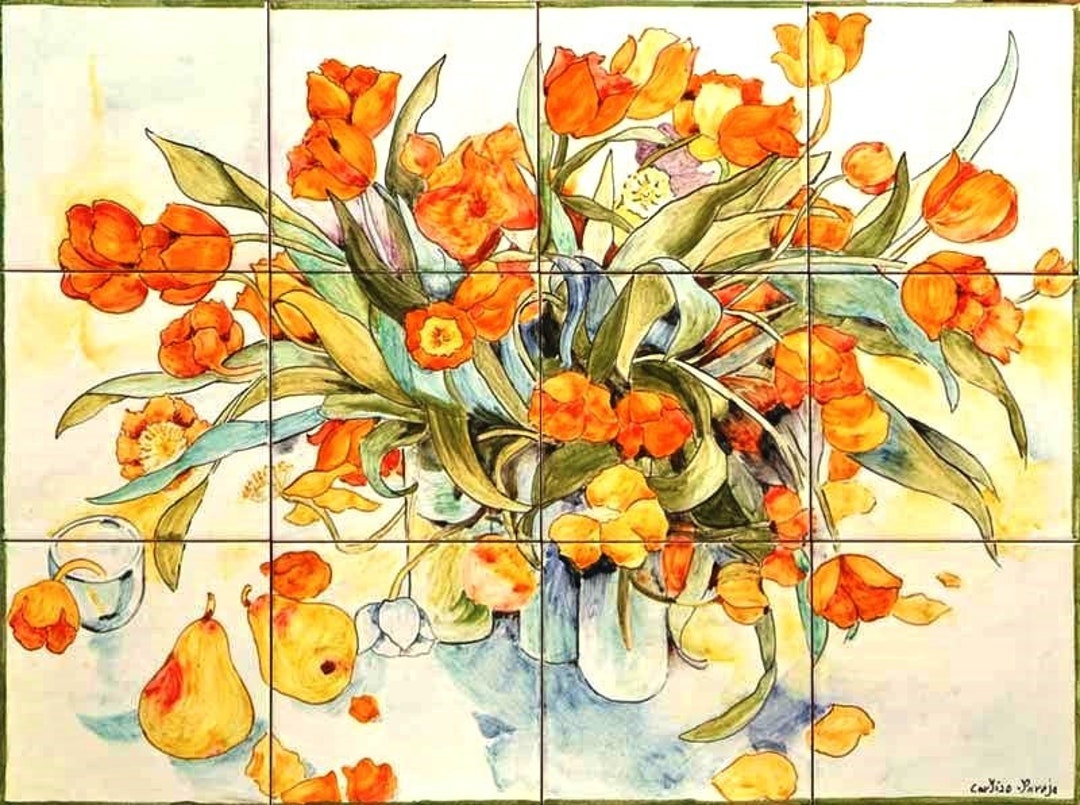 Tiles, Still Life Flowers, Red, Handmade, Handpainted, Tradicional ...