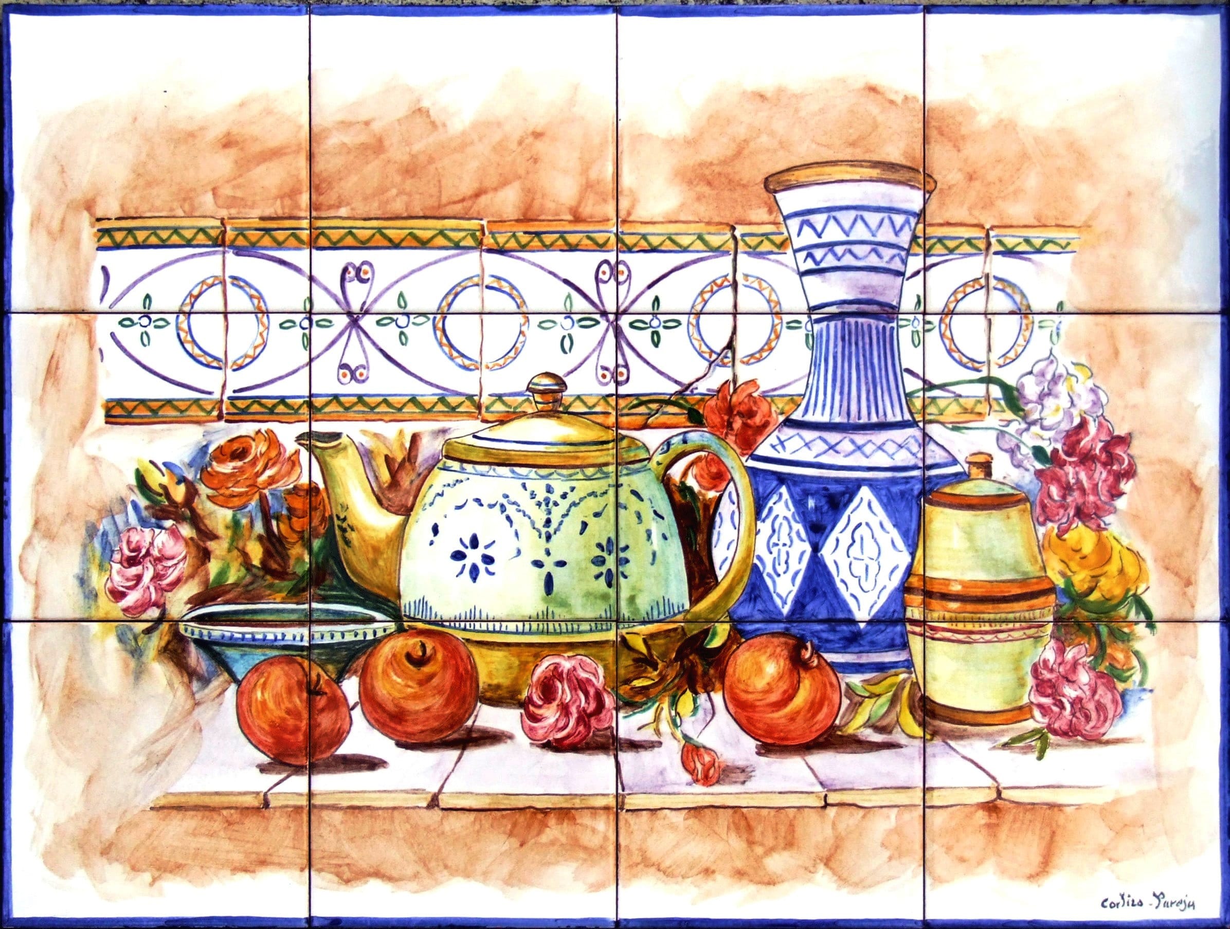 Tile Mural, Handmade, Still Life Whit Teapot, Fruits, Flowers ...