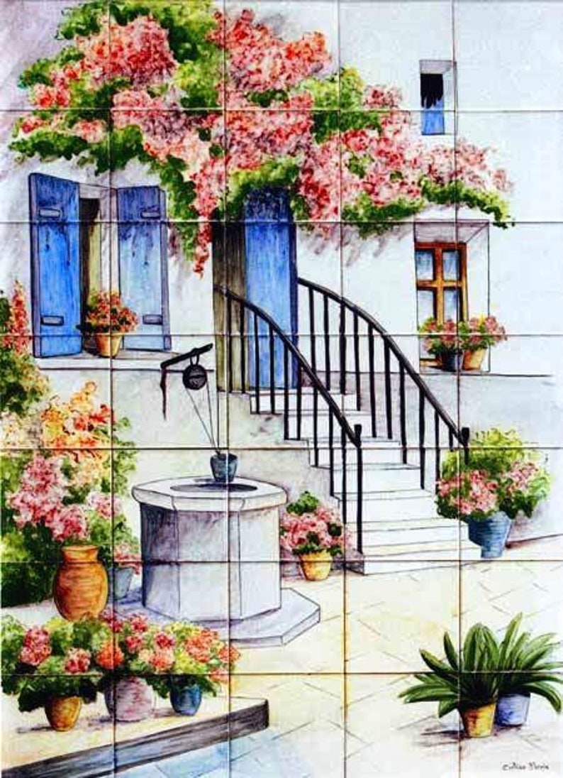 Tile Mural. Lanscape Whit Boats, Sea, Beach, Flowers, Village. Hand ...