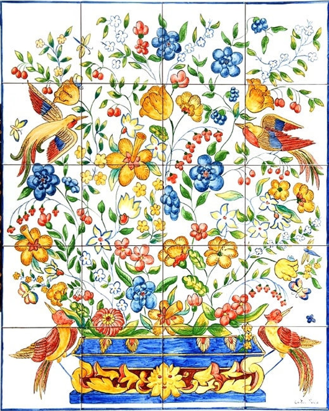Tile Mural, Handmade, Hand Painted. Still Life, Flowers and Birds, in ...