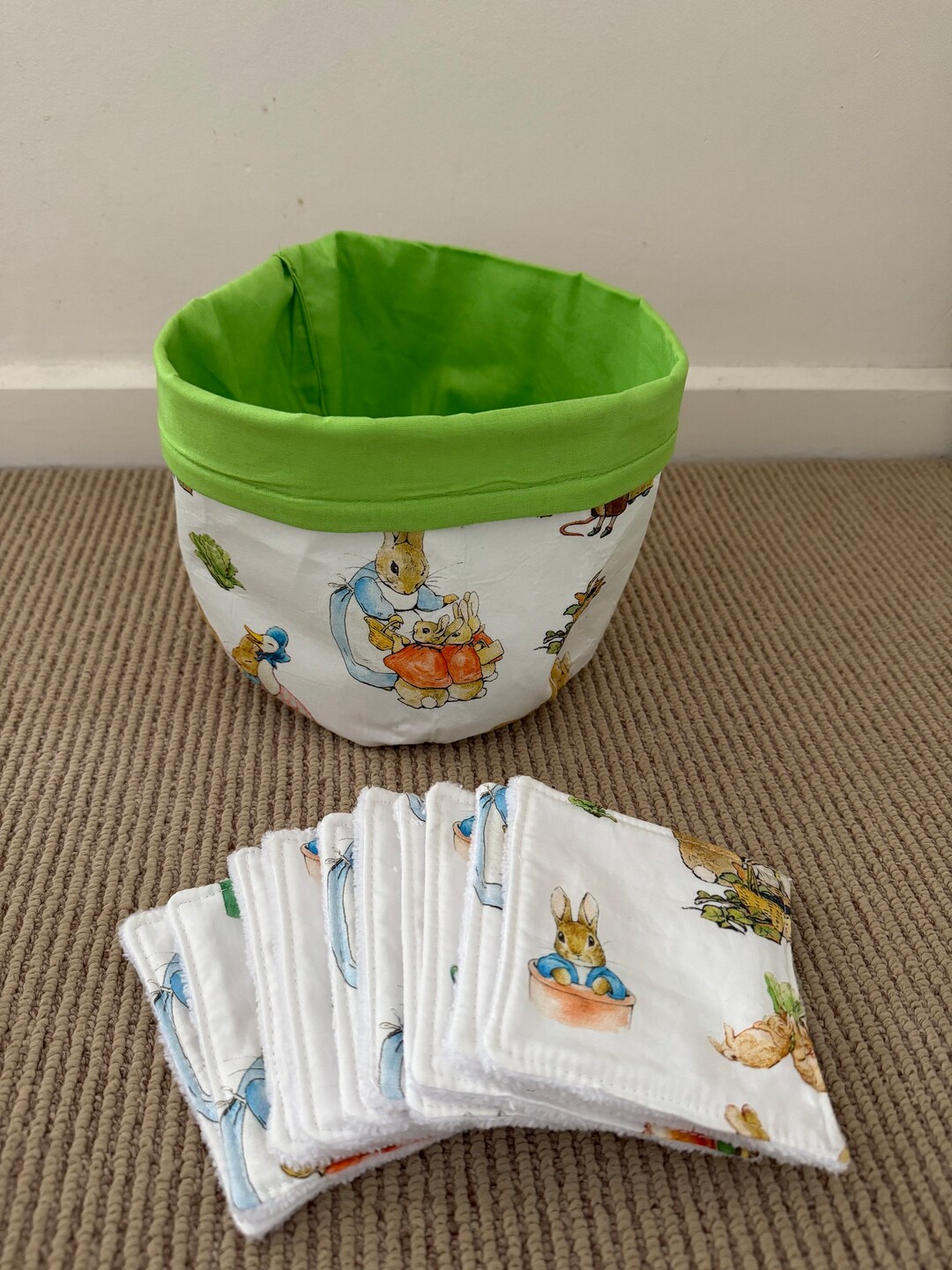 Nursery Set of Peter Rabbit Family Fabric Basket and Reusable Cotton ...