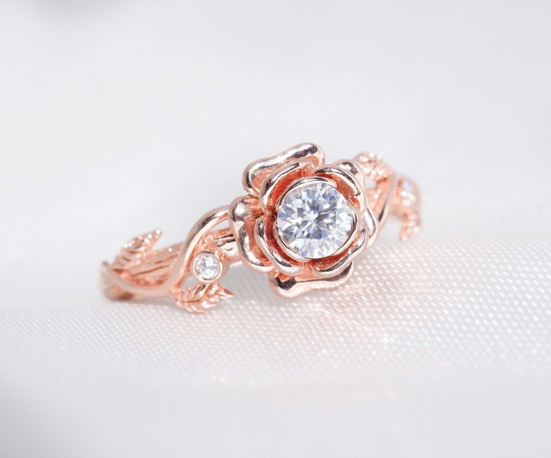 Rose Flower Engagement Ring, Unique Flower Ring, Rose Ring in Solid ...
