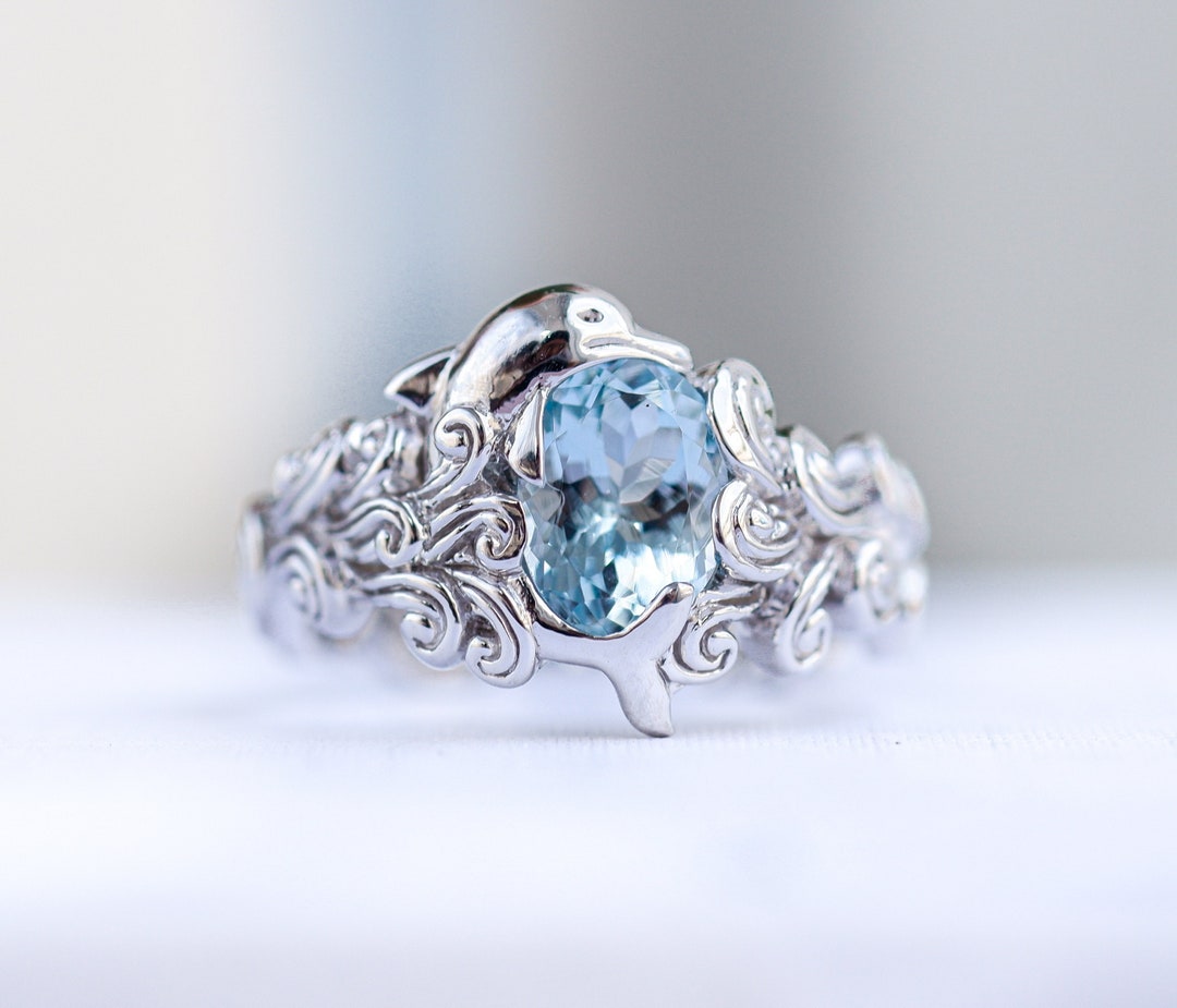 1ct Oval Aquamarine Ring, Unique Animal Ring, Ocean Jewelry, Dolphin ...