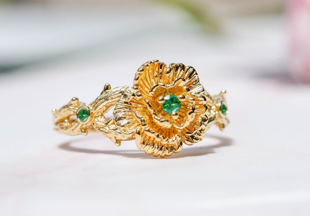 Carnation Flower Ring With Natural Zambian Emerald, Unique Leaf Flower Ring, Floral Ring, May ...