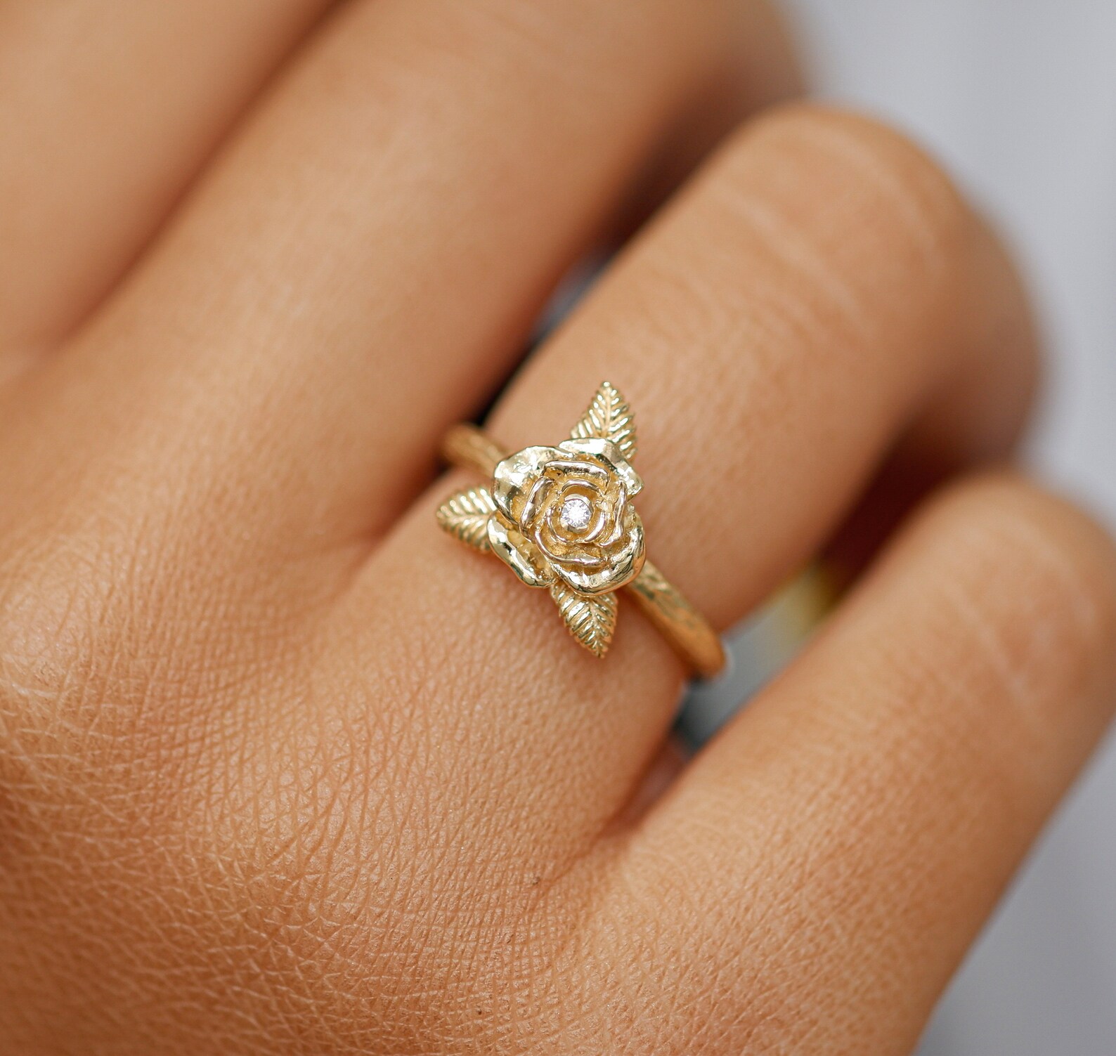 Rose Flower Ring With Diamond in Solid Gold Dainty Flower - Etsy