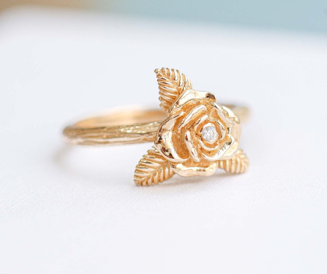Rose Flower Ring With Diamond in Solid Gold Dainty Flower - Etsy