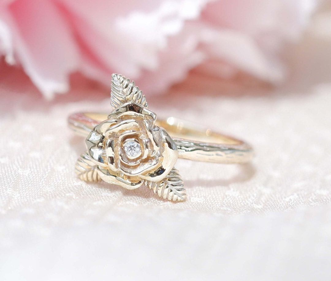 Rose Flower Ring With Diamond in Solid Gold, Dainty Flower Ring, Flower ...