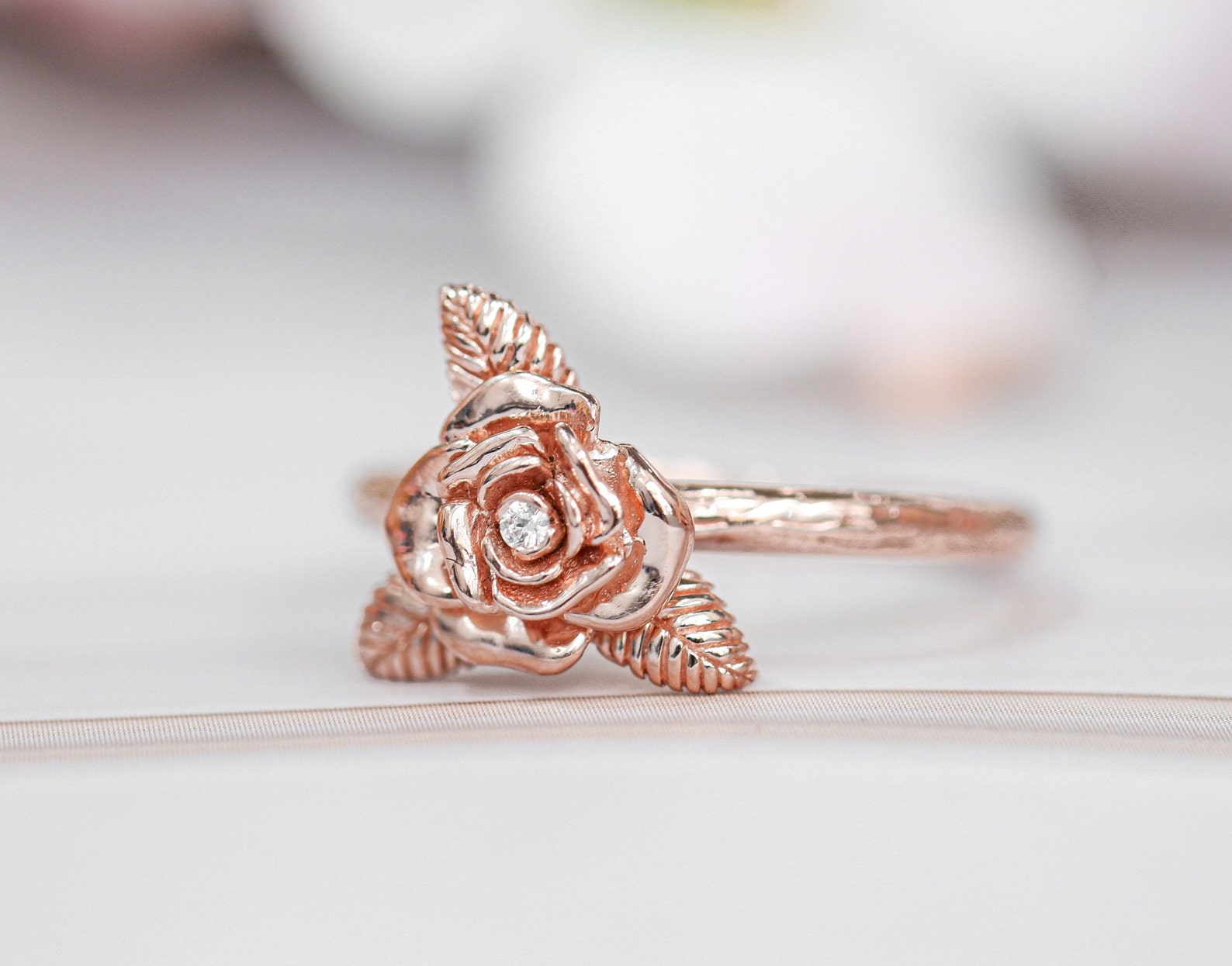 Rose Flower Ring With Diamond in Solid Gold Dainty Flower - Etsy