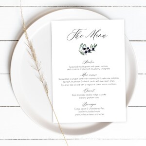 Olive Branch Menu Card Template, 5x7 Menu Card, Greenery Menu, Black ...