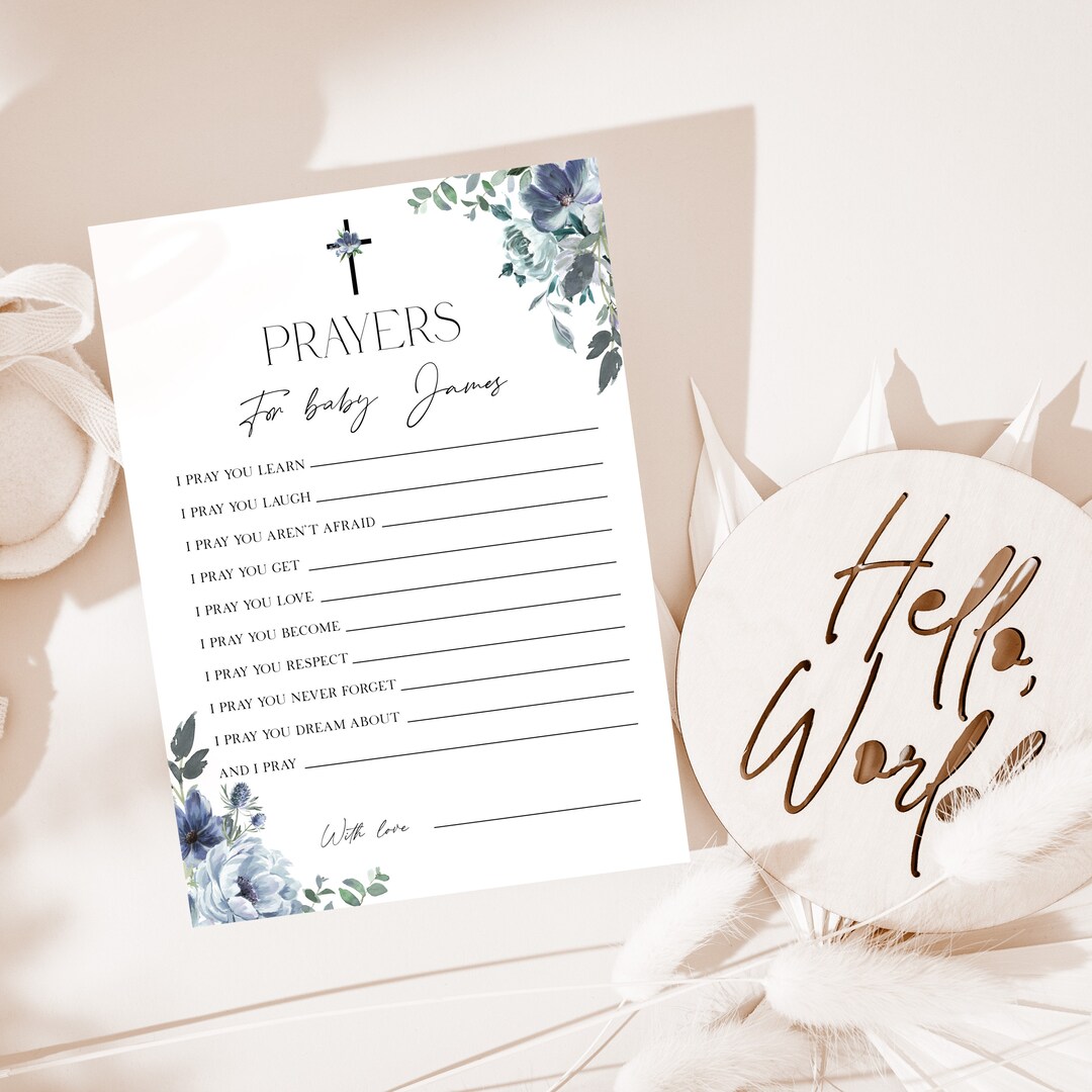 Boy Prayers for Baby Card Template, Dusty Blue Baptism Prayers Card ...