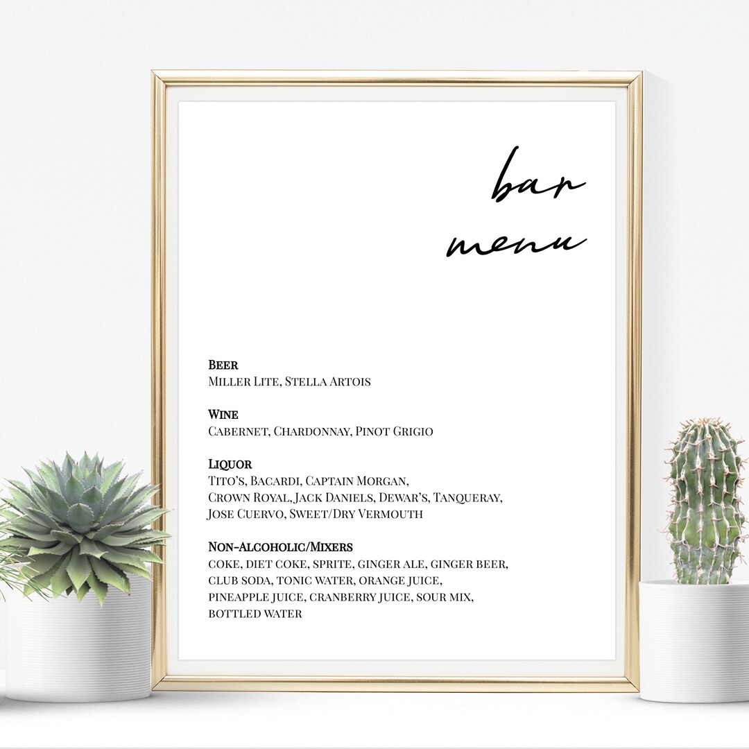 Minimal Bar Menu Template, Open Bar Menu, 8x10 Bar Menu Sign, 100% ...
