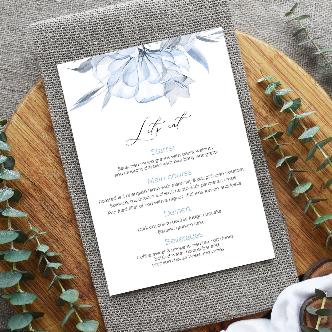 Dusty Blue Menu Template, Floral Menu Template, Winter Menu, 5x7 Menu ...