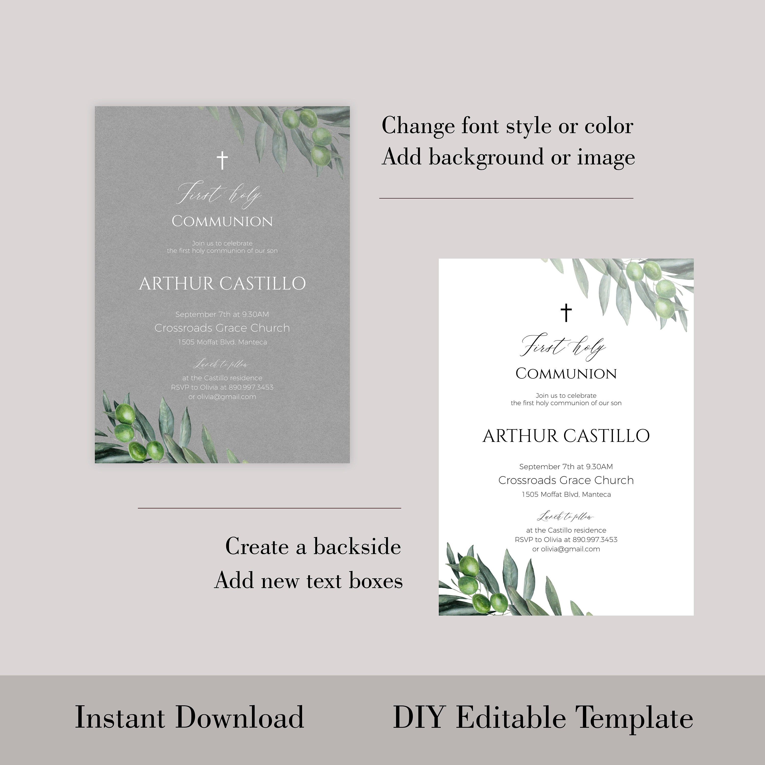 Olive Branch First Communion Invitation Template Boy First - Etsy