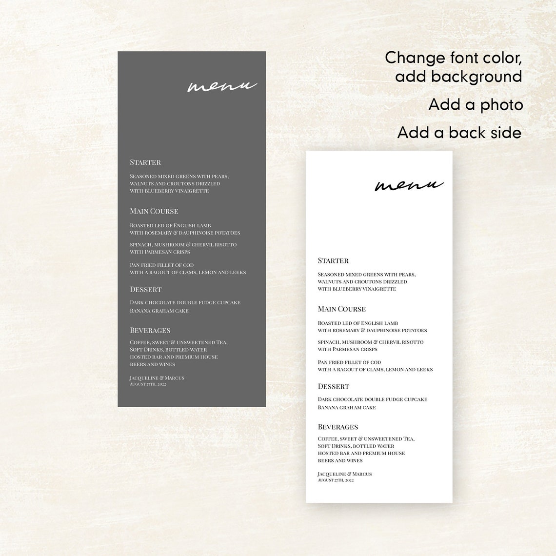 Minimalist Menu Card Template Menu Template Modern Wedding | Etsy