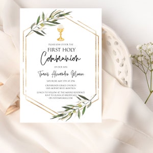 First Communion Invitation Template Download Boy First Holy Communion With Olive Branch 1st ...