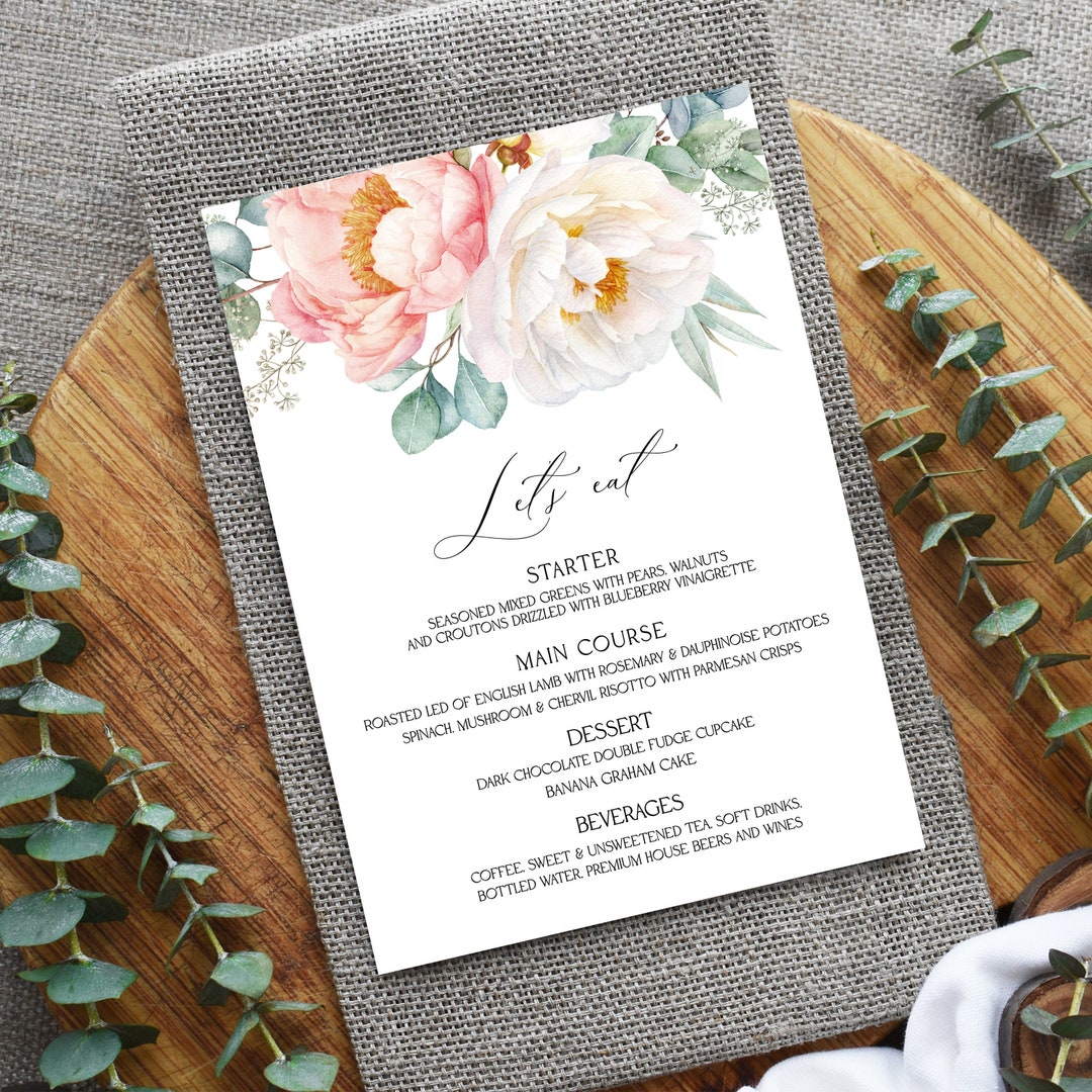 Peonies Menu Card Template, Floral Menu Card, Summer Menu, Bohemian ...
