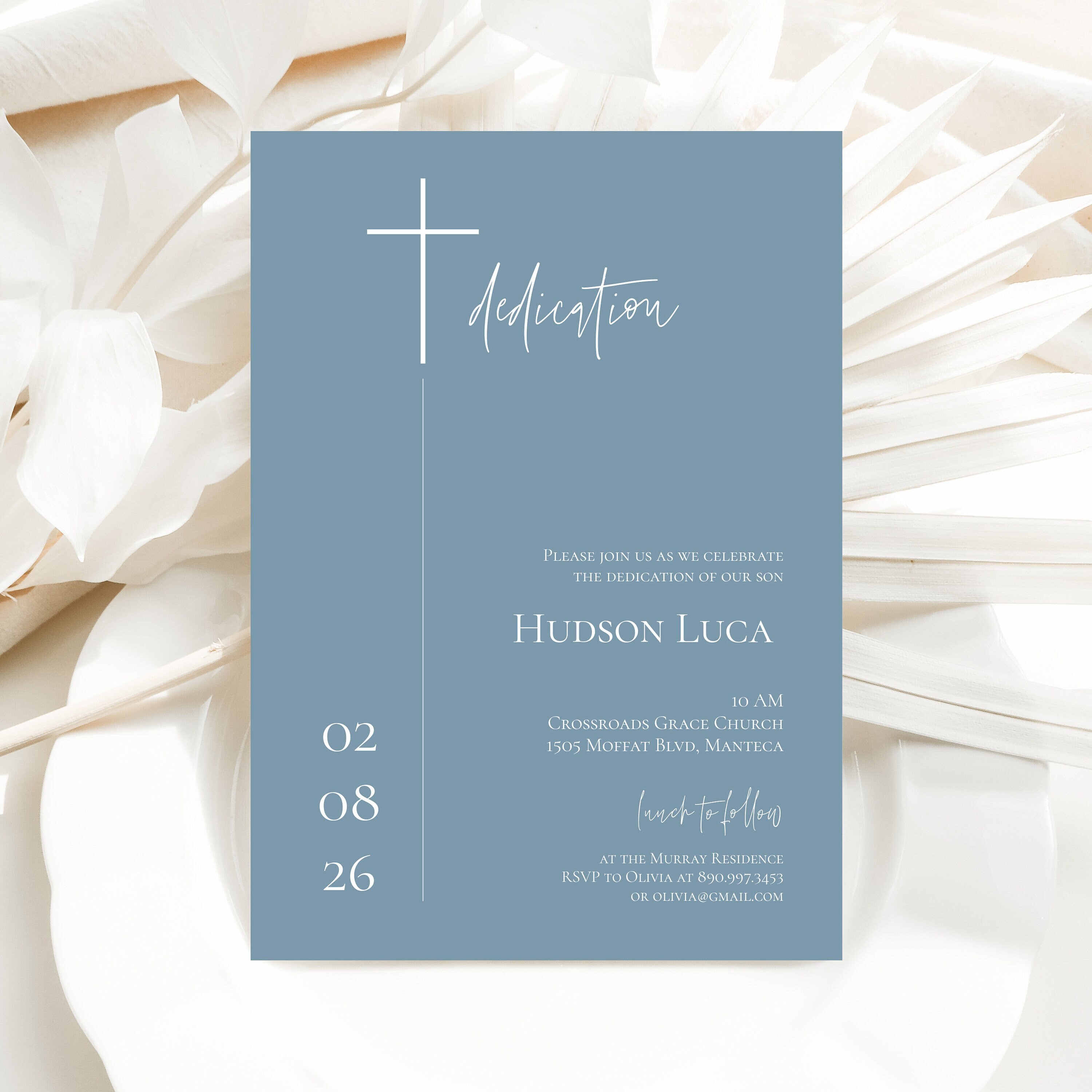 Dusty Blue Dedication Invitation Template Simple Dedication Boy ...