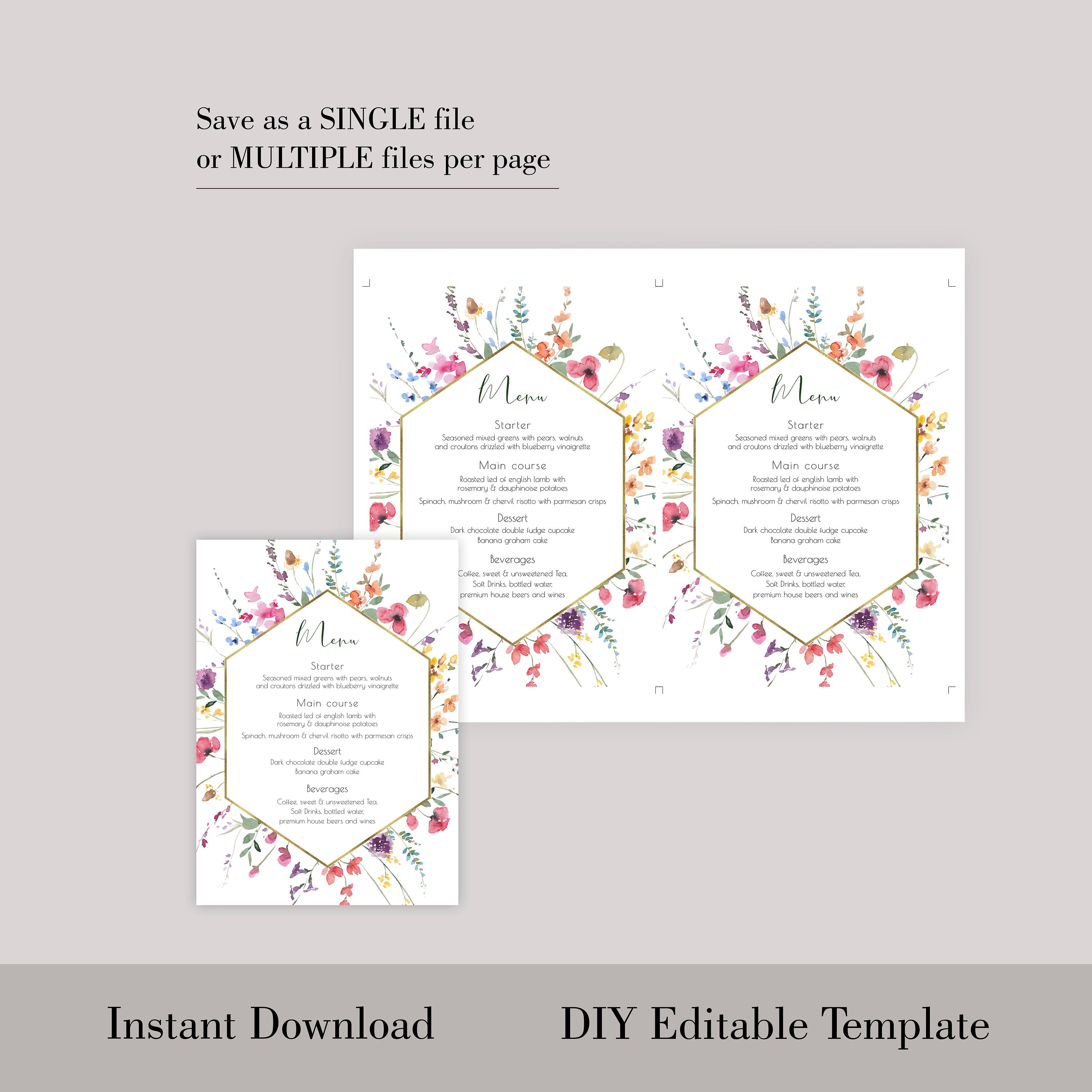 Wildflower Menu Card Template Colorful Floral Menu Card - Etsy