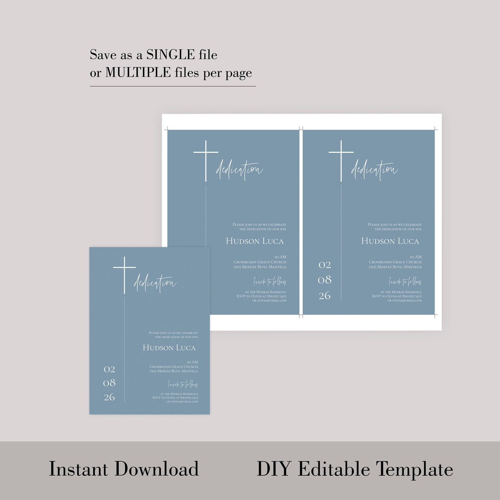 Dusty Blue Dedication Invitation Template Simple Dedication Boy ...
