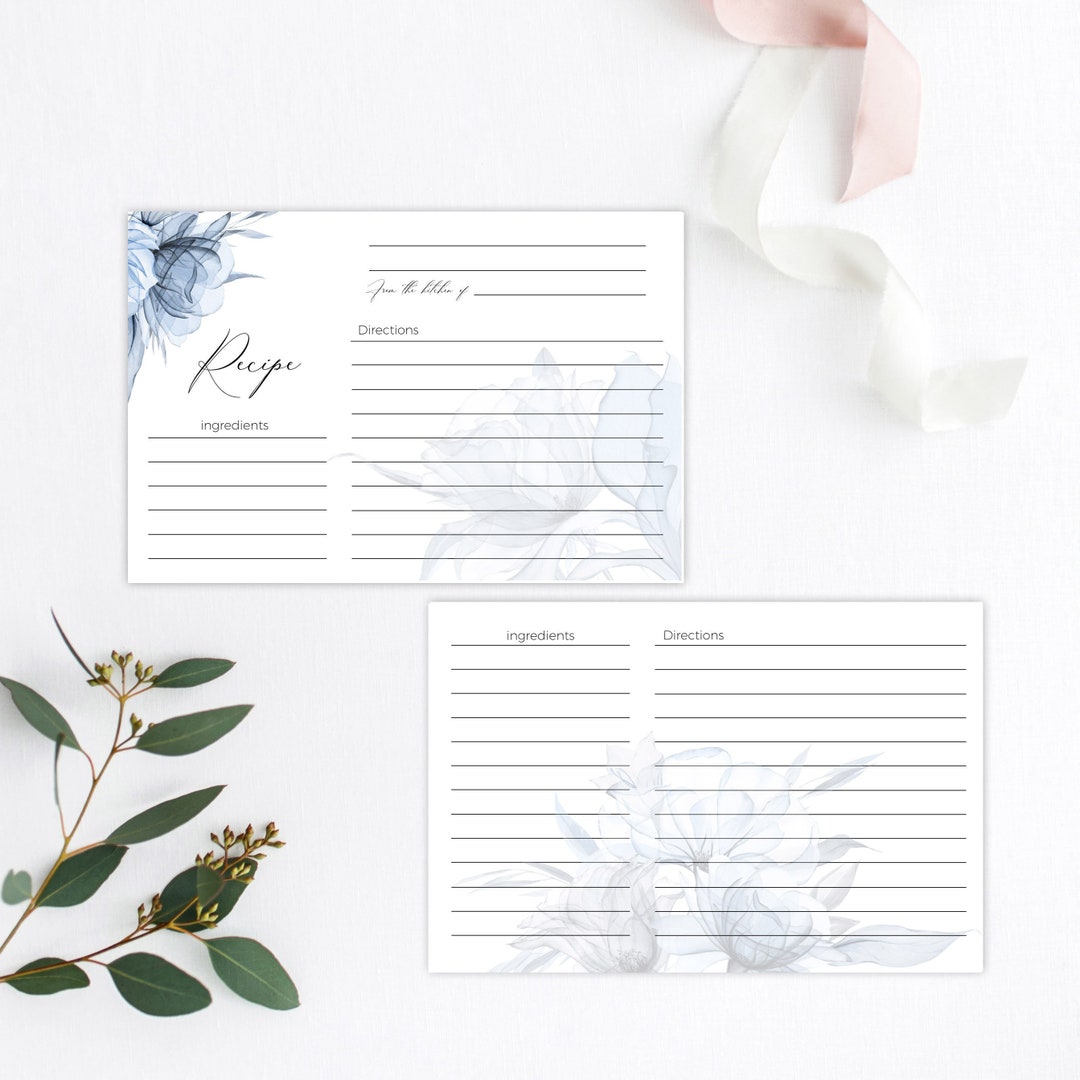Dusty Blue Recipe Card, Printable Recipe Card, Bridal Shower Recipe ...