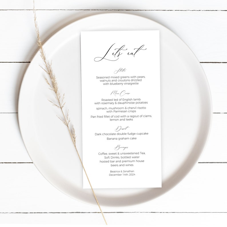 Elegant Menu Card Template Menu Template Modern Wedding | Etsy