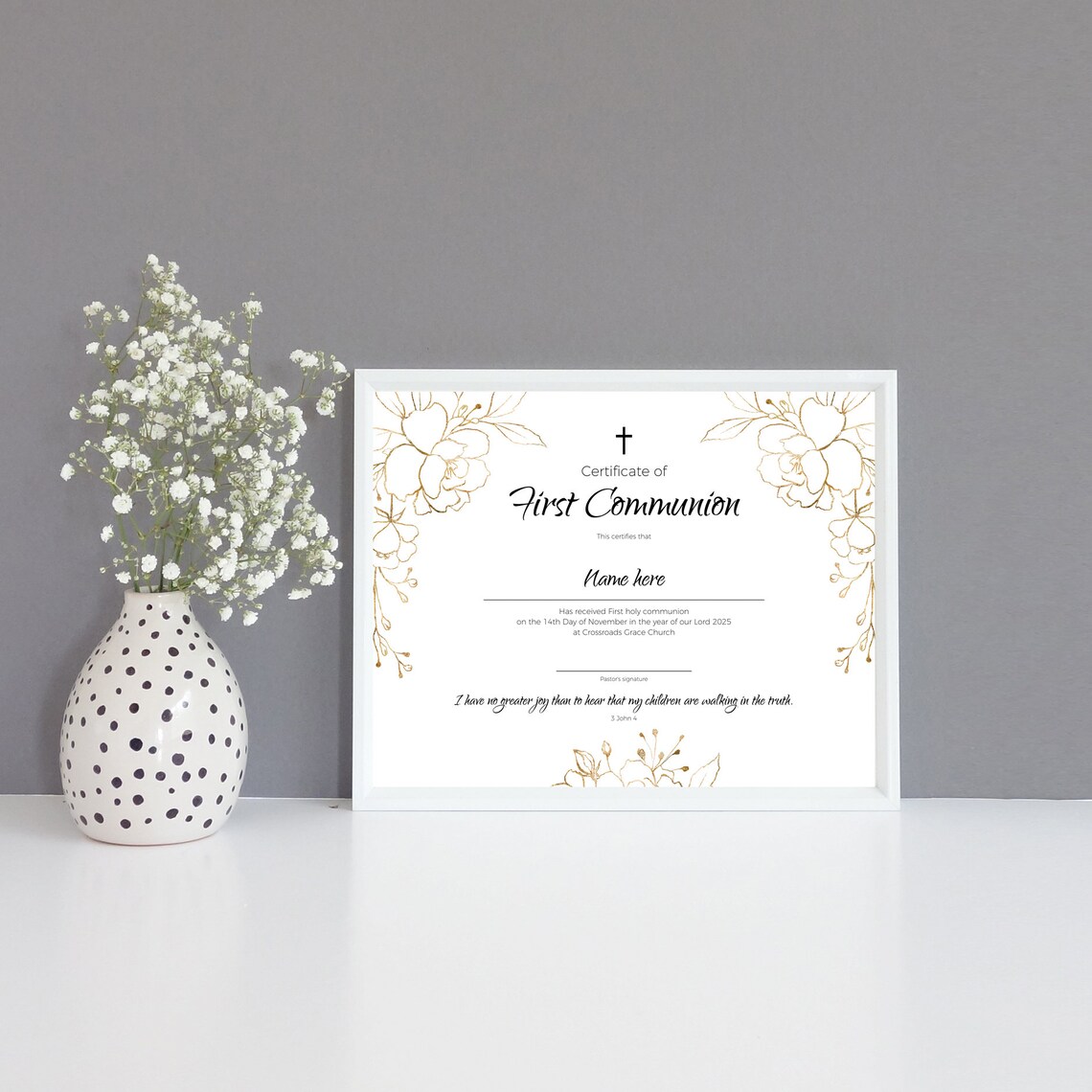 First Communion Certificate Template Gold Floral First Communion ...