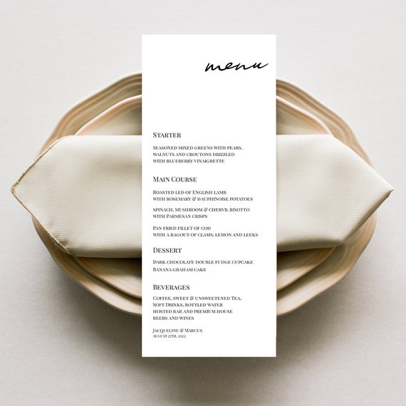 Minimalist Menu Card Template Menu Template Modern Wedding | Etsy